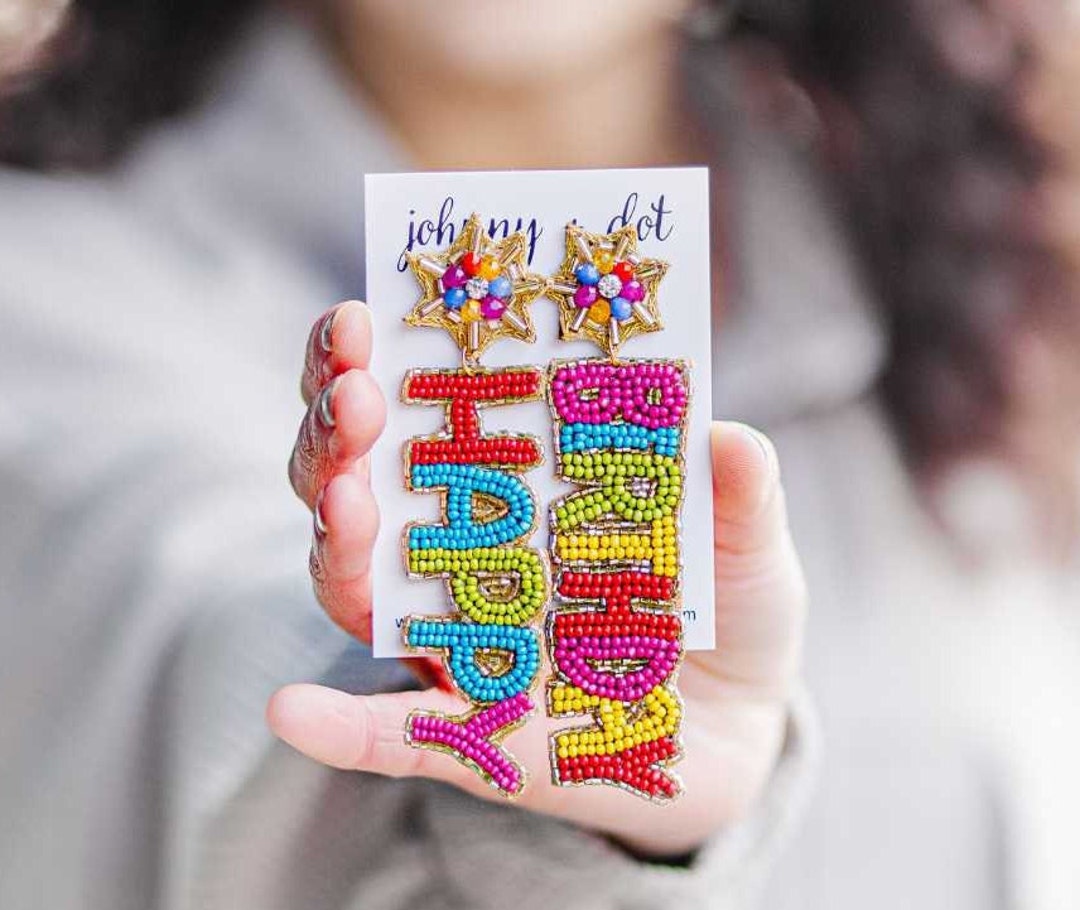 Beaded Happy Birthday Earrings, Teacher Earrings, Celebration Earrings ...