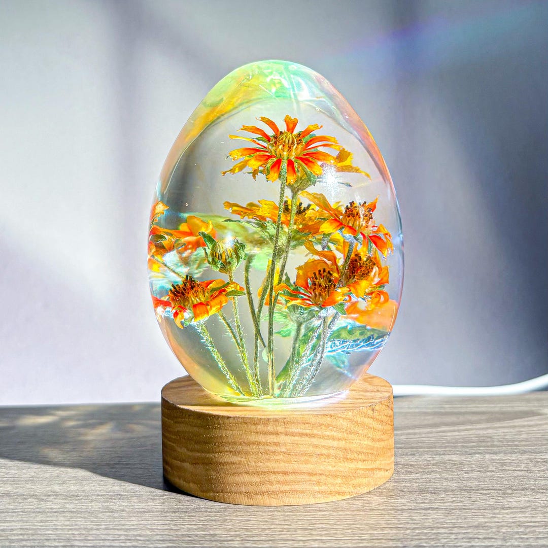 Resin Egg Flower Lamp – LED Light With Orange Dried Flowers, Handmade ...