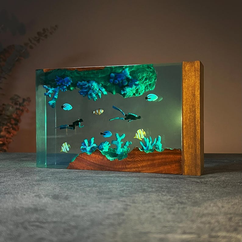 Ocean Diver Resin Lamp – Rectangle LED Light With Coral Reef & Fish ...