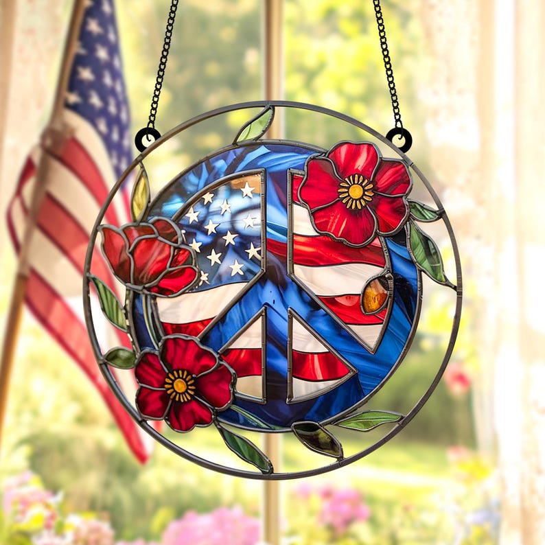 American Flag Peace Sign Acrylic Suncatcher – Patriotic Floral Window ...