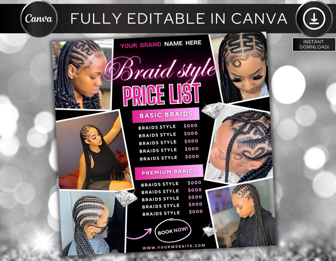 Braids Pricelist, Hair Styles Braiding Price Guide, DIY Flyer Template ...