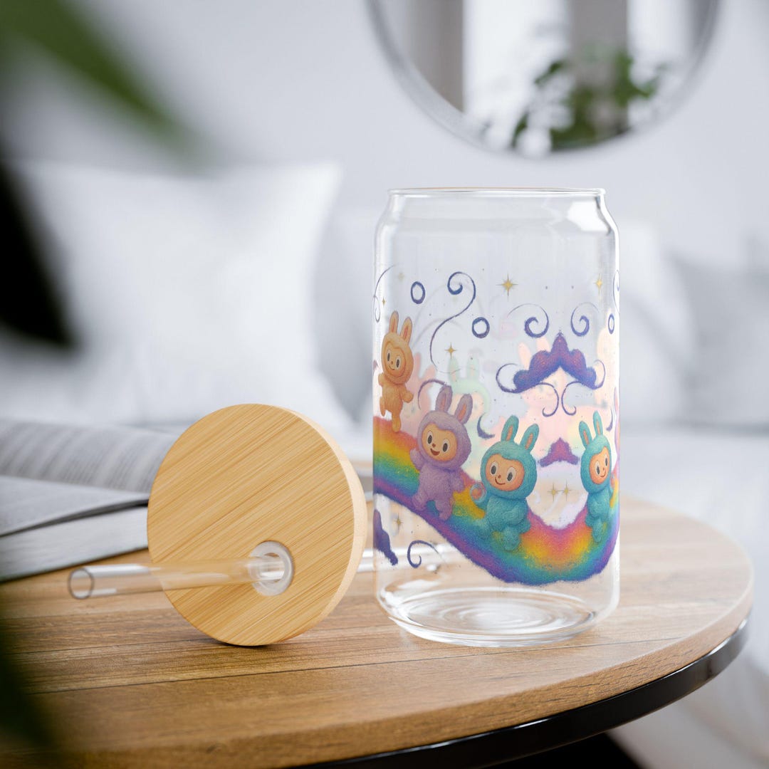 Big Into Energy Labubu Glass Tumbler - Kawaii Rainbow Bunny Cup ...