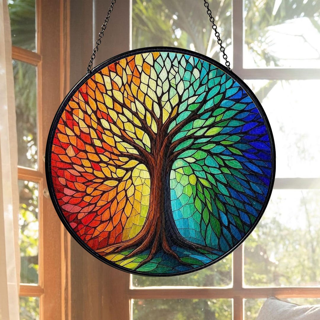 Stained Glass Art Tree Hanging, Rainbow Tree Stained Glass Window ...