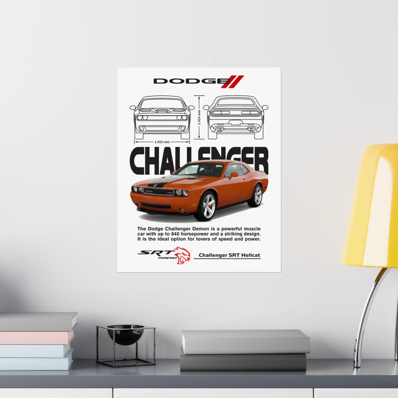 Orange Dodge Challenger SRT Hellcat Blueprint Poster: Automotive Wall ...