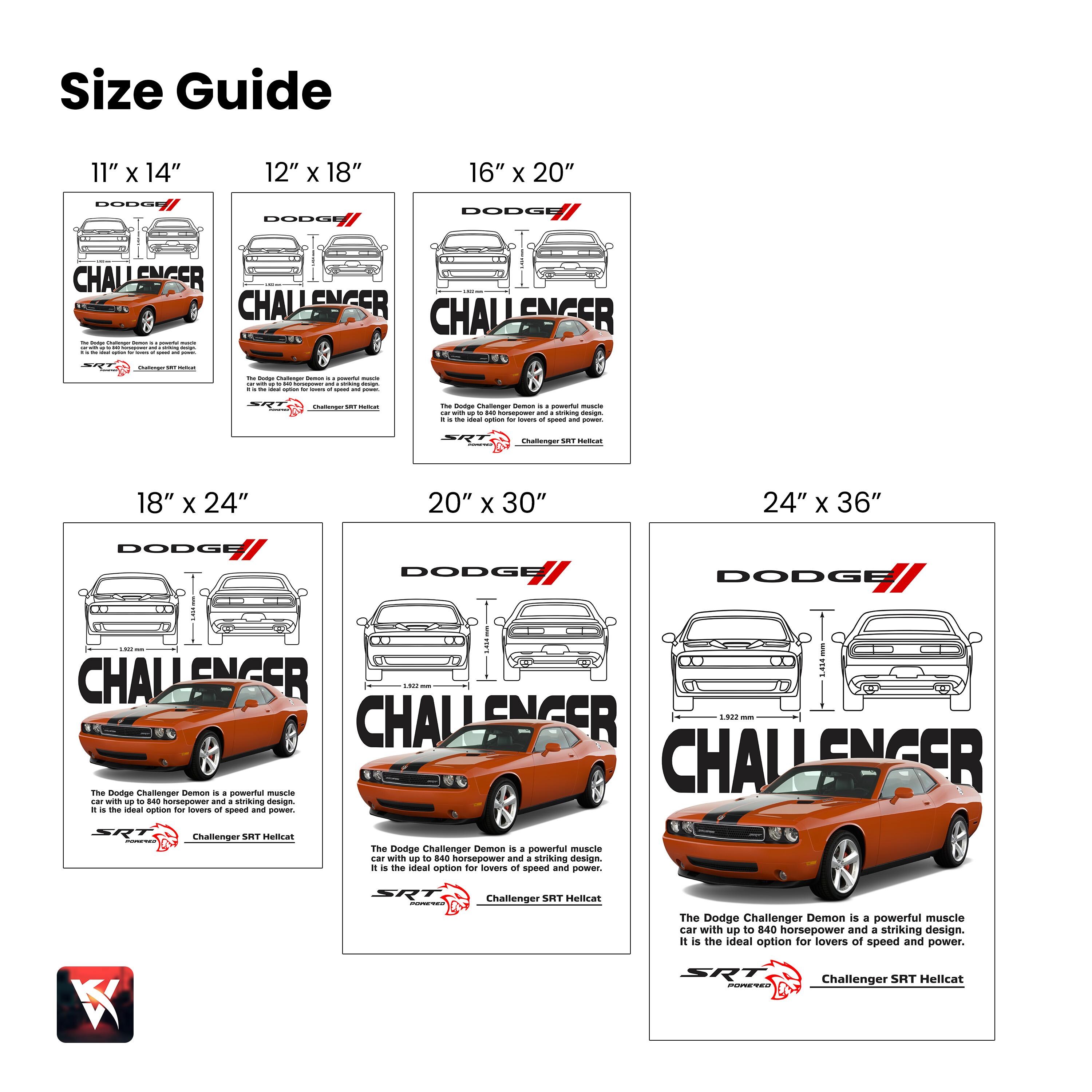 Orange Dodge Challenger SRT Hellcat Blueprint Poster: Automotive Wall ...