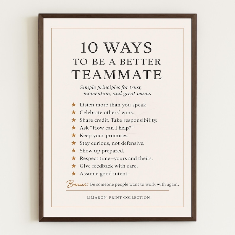 Motivational Office Wall Art – 10 Ways to Be a Better Teammate Print ...