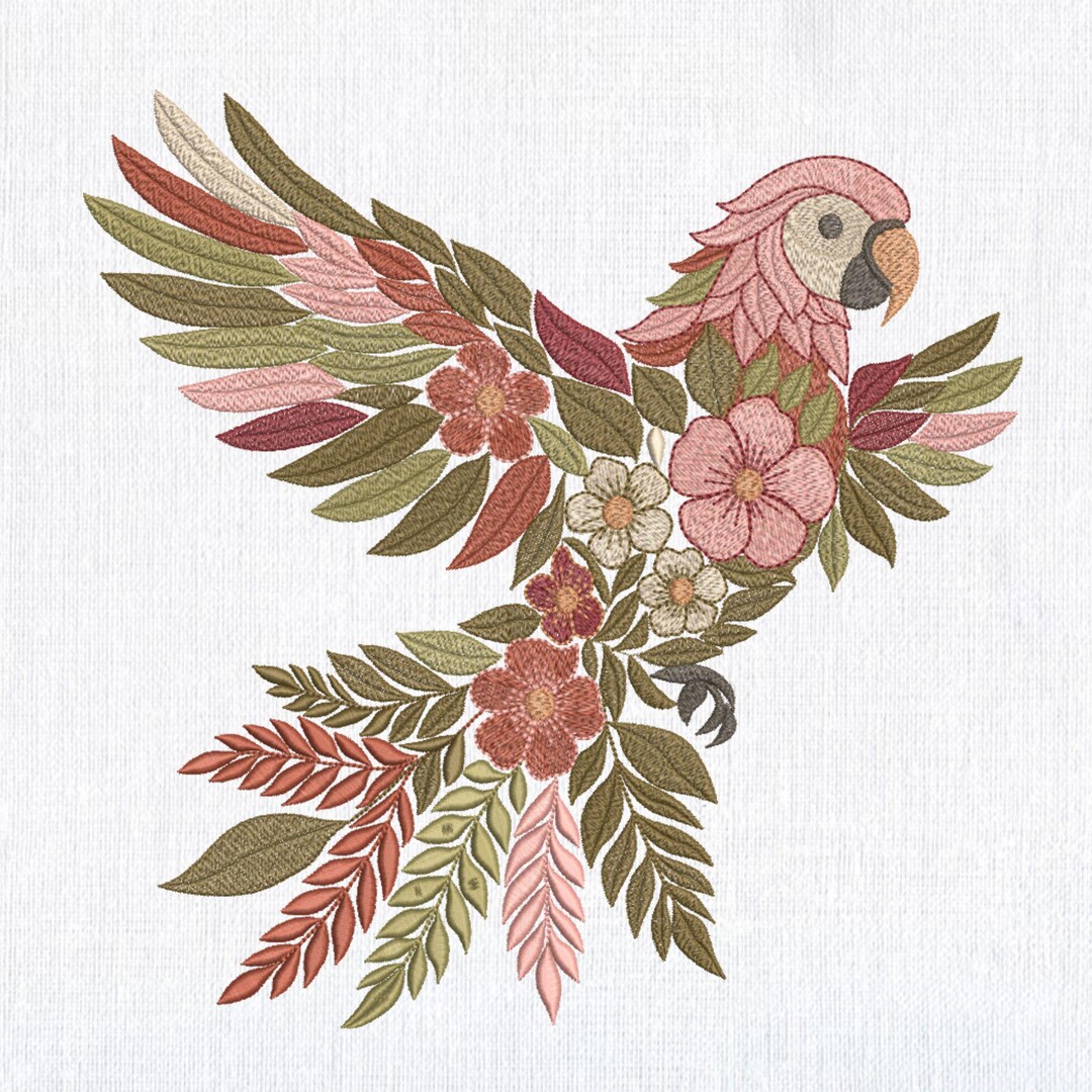 Floral Parrot Embroidery Design: Tropical Bird Machine File (6 Sizes ...