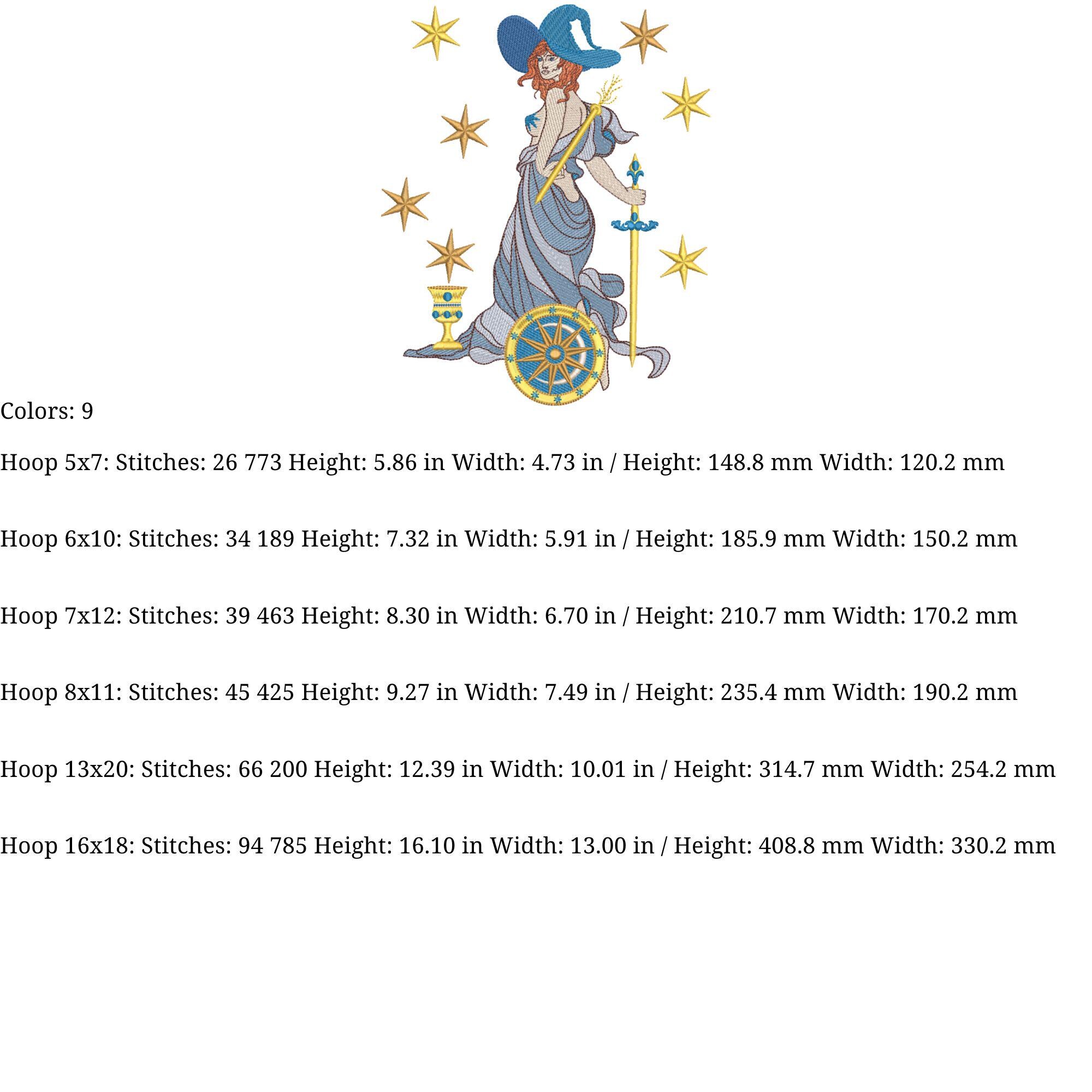 Wiccan Priestess, Wand Sword Chalice, Stars Machine Embroidery Design ...