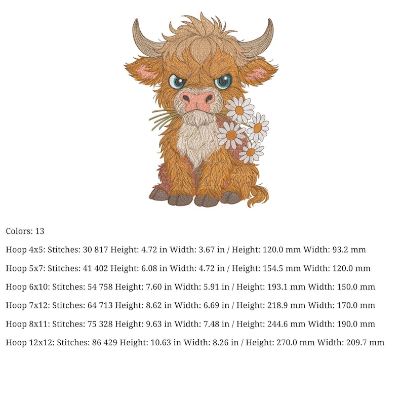 Grumpy Highland Cow Embroidery Design, Fluffy Bull With Daisies ...