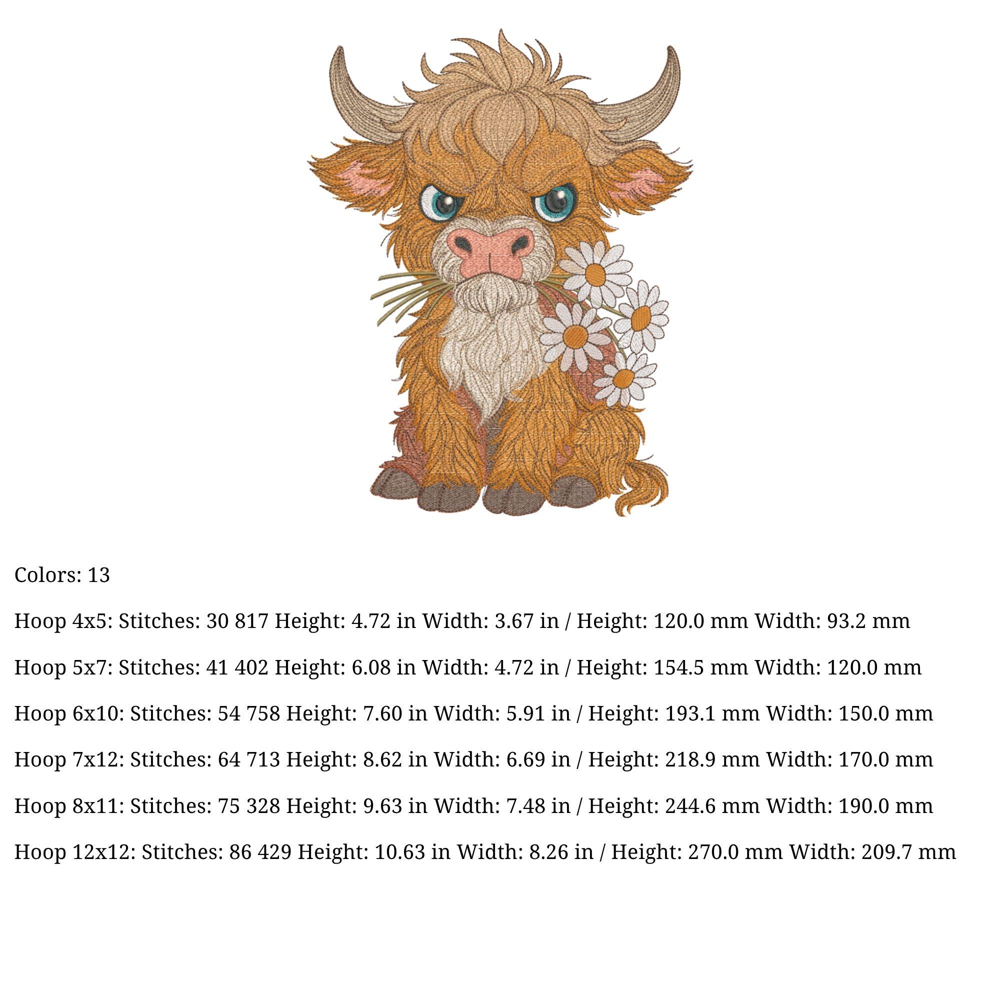Grumpy Highland Cow Embroidery Design, Fluffy Bull With Daisies ...