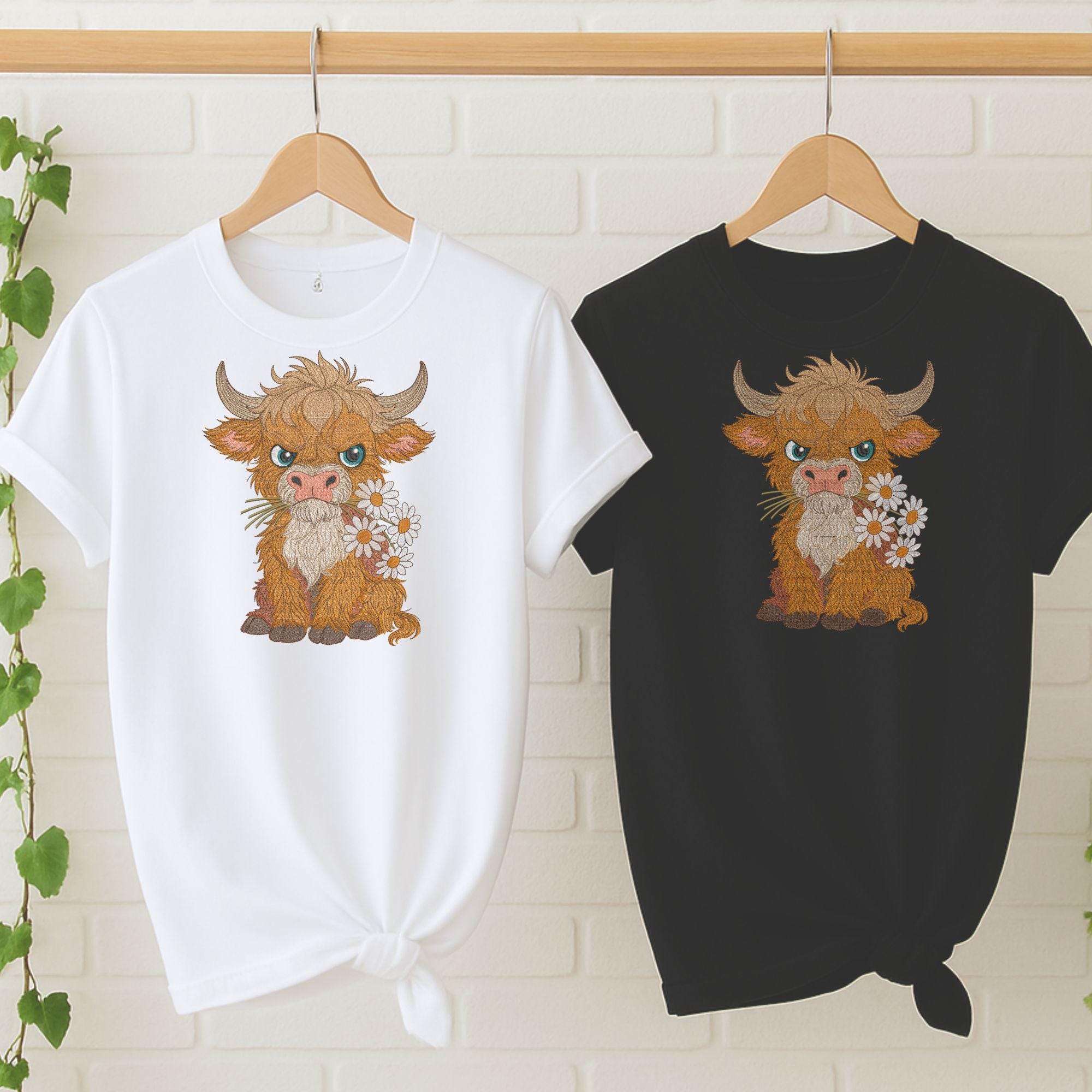 Grumpy Highland Cow Embroidery Design, Fluffy Bull With Daisies ...