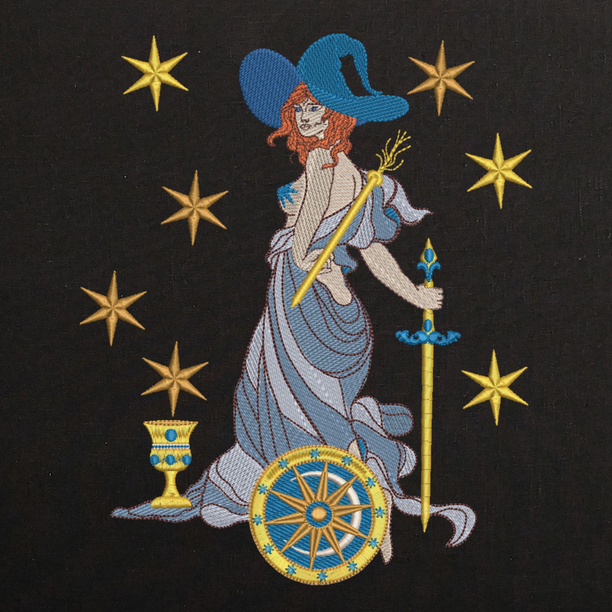 Wiccan Priestess, Wand Sword Chalice, Stars Machine Embroidery Design ...
