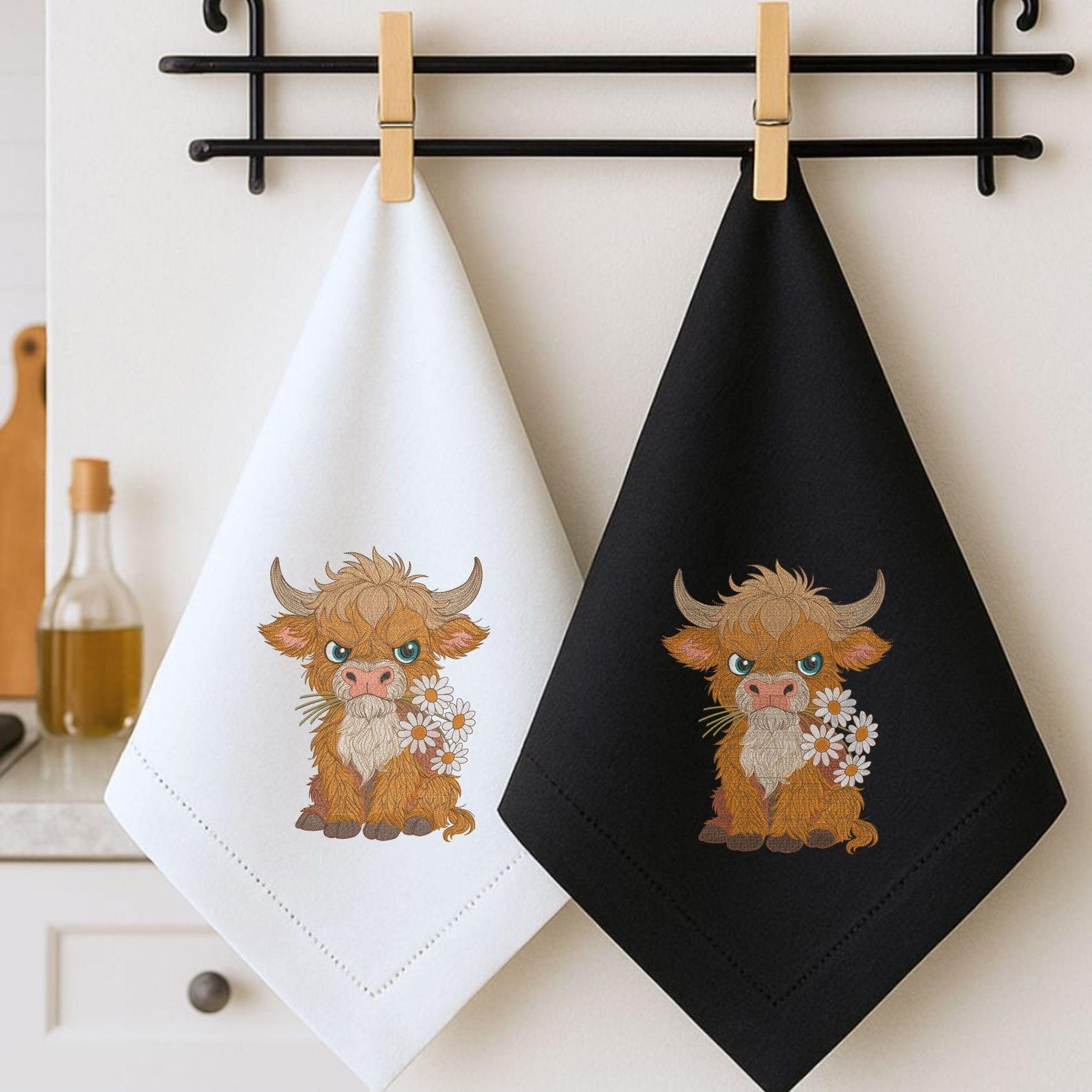 Grumpy Highland Cow Embroidery Design, Fluffy Bull With Daisies ...