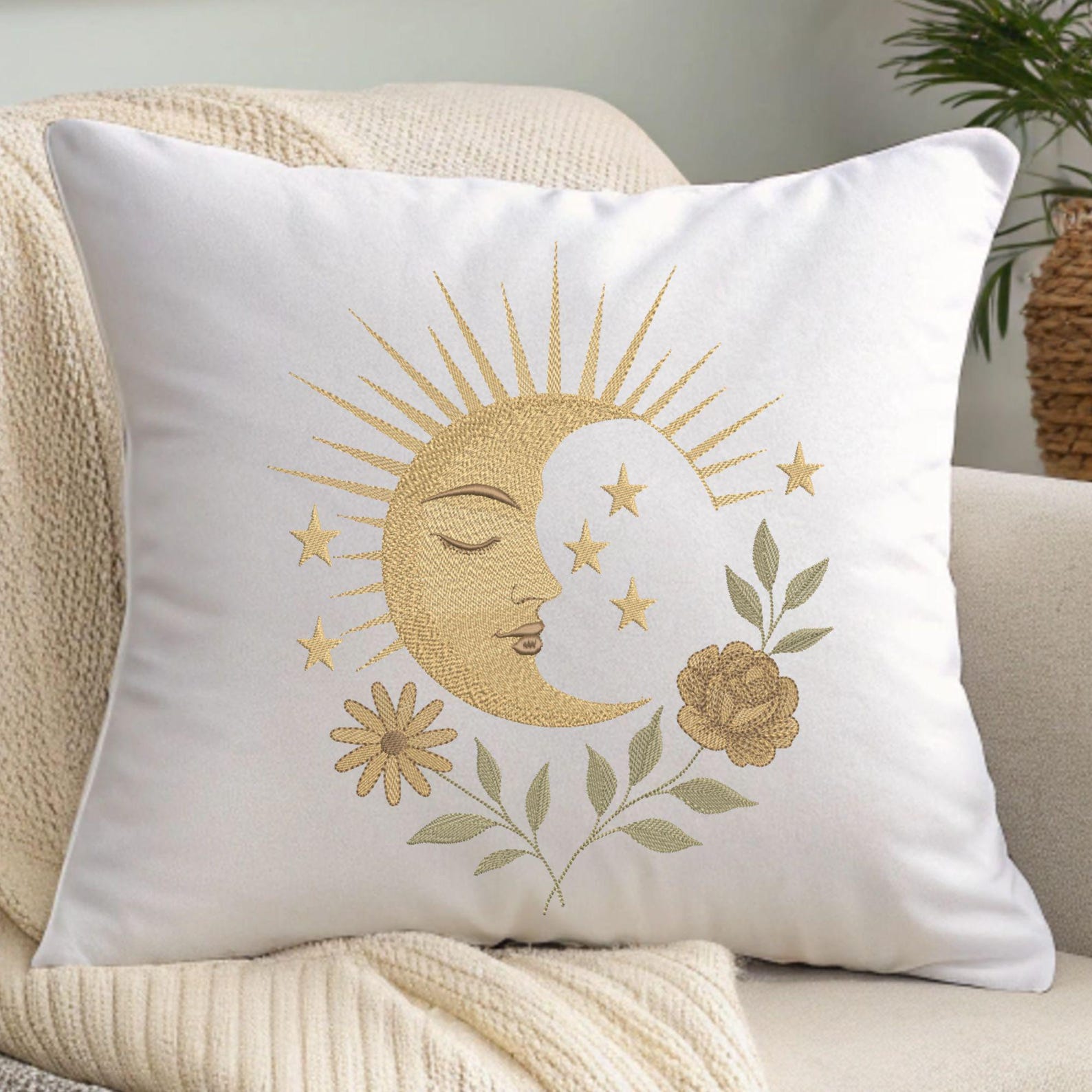 Mystical Moon Face Machine Embroidery Design: Boho Floral (instant ...