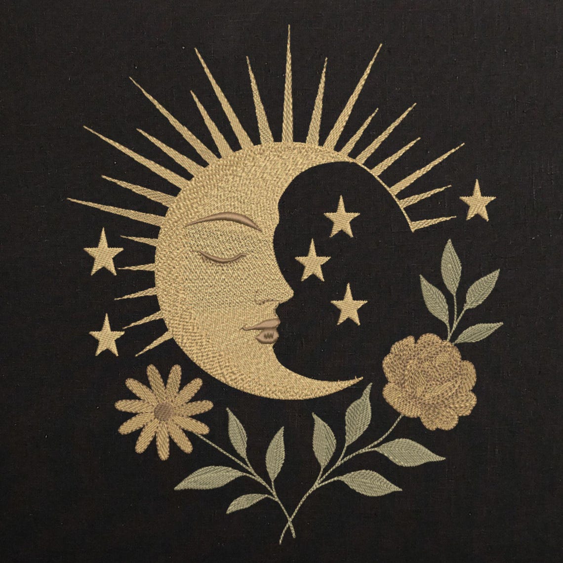 Mystical Moon Face Machine Embroidery Design: Boho Floral (instant ...