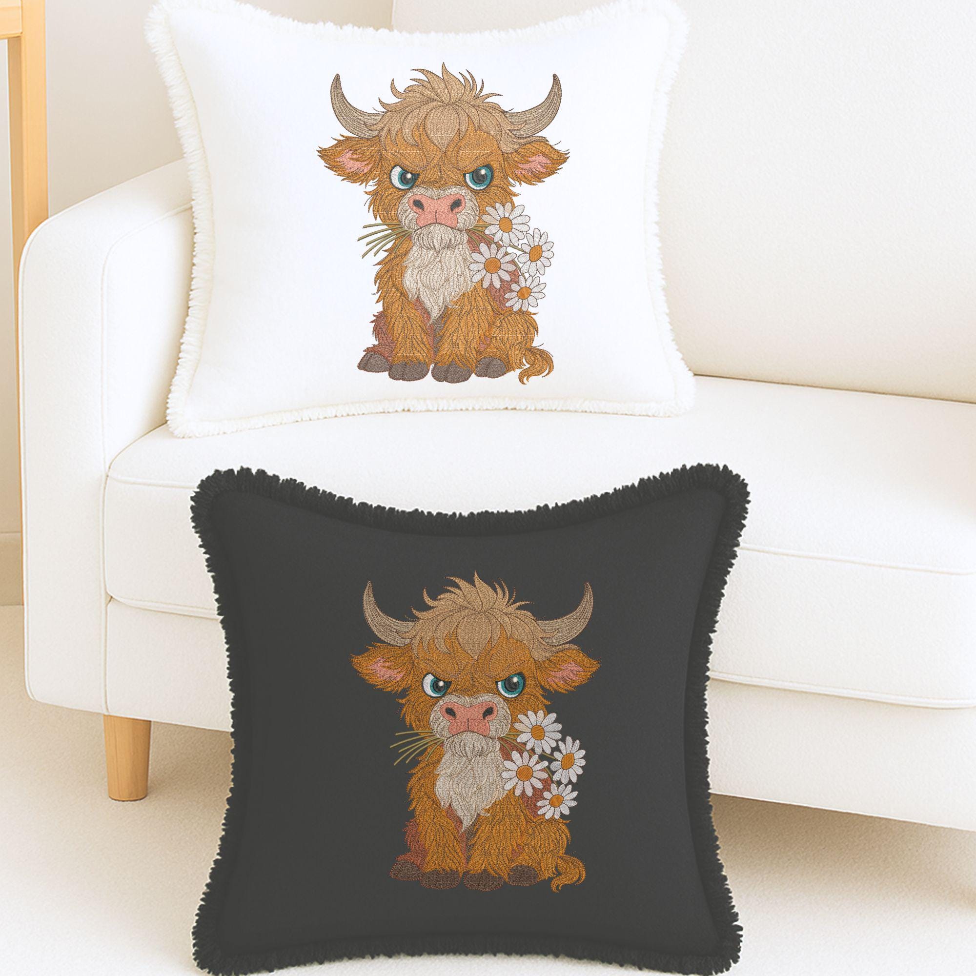 Grumpy Highland Cow Embroidery Design, Fluffy Bull With Daisies ...