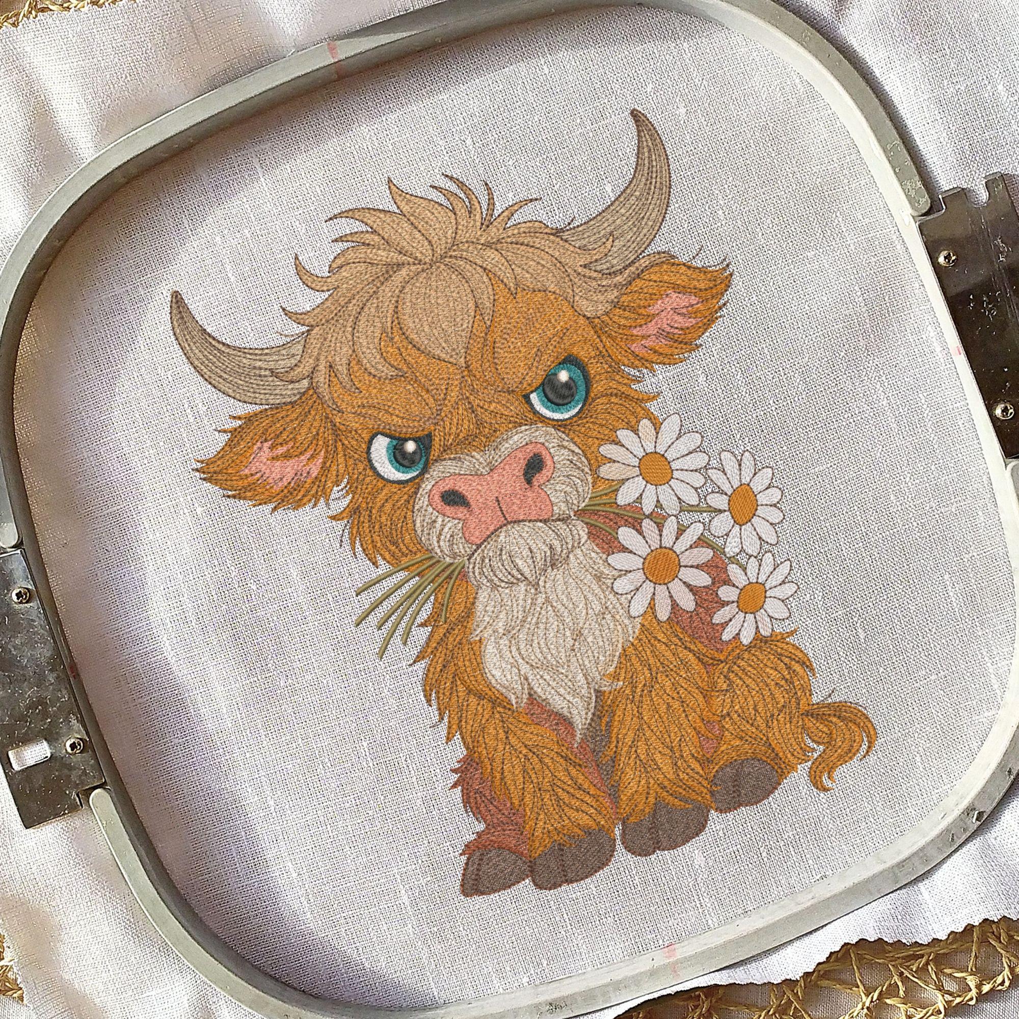 Grumpy Highland Cow Embroidery Design, Fluffy Bull With Daisies ...