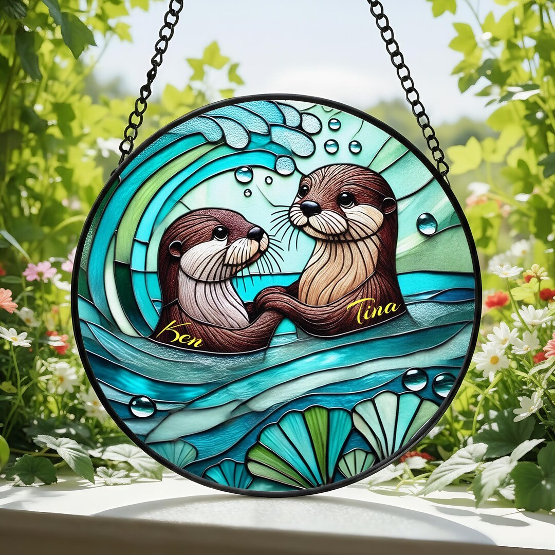 Couple Otters Holding Hands Stained Glass Suncatcher Home Decor,ocean ...