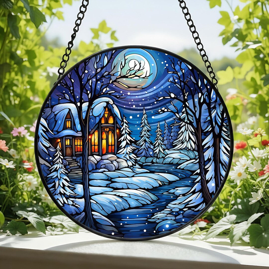 Cozy Winter Cabin Night Stained Glass Suncatcher Home Decor,winter ...