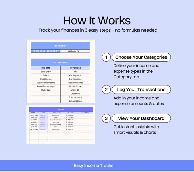 Easy Income Tracker Spreadsheet, Personal Finances, Google Sheets ...
