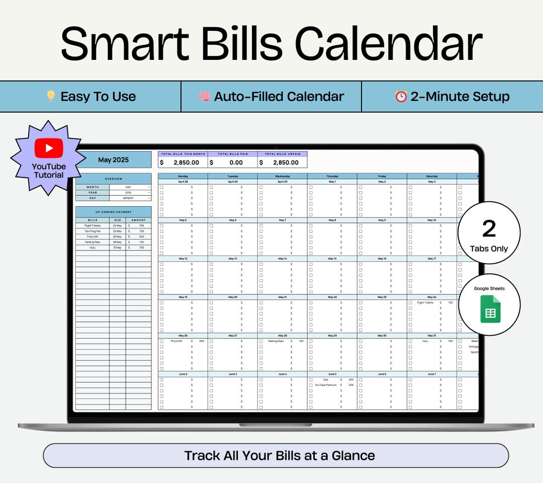 Smart Bill Calendar Bill Checklist Weekly Biweekly Financial Planner ...