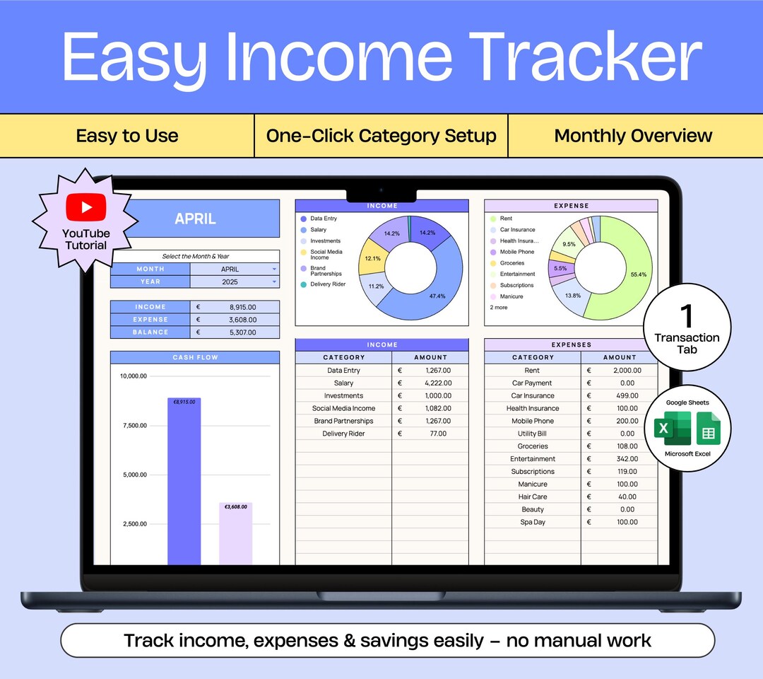 Easy Income Tracker Spreadsheet, Personal Finances, Google Sheets ...