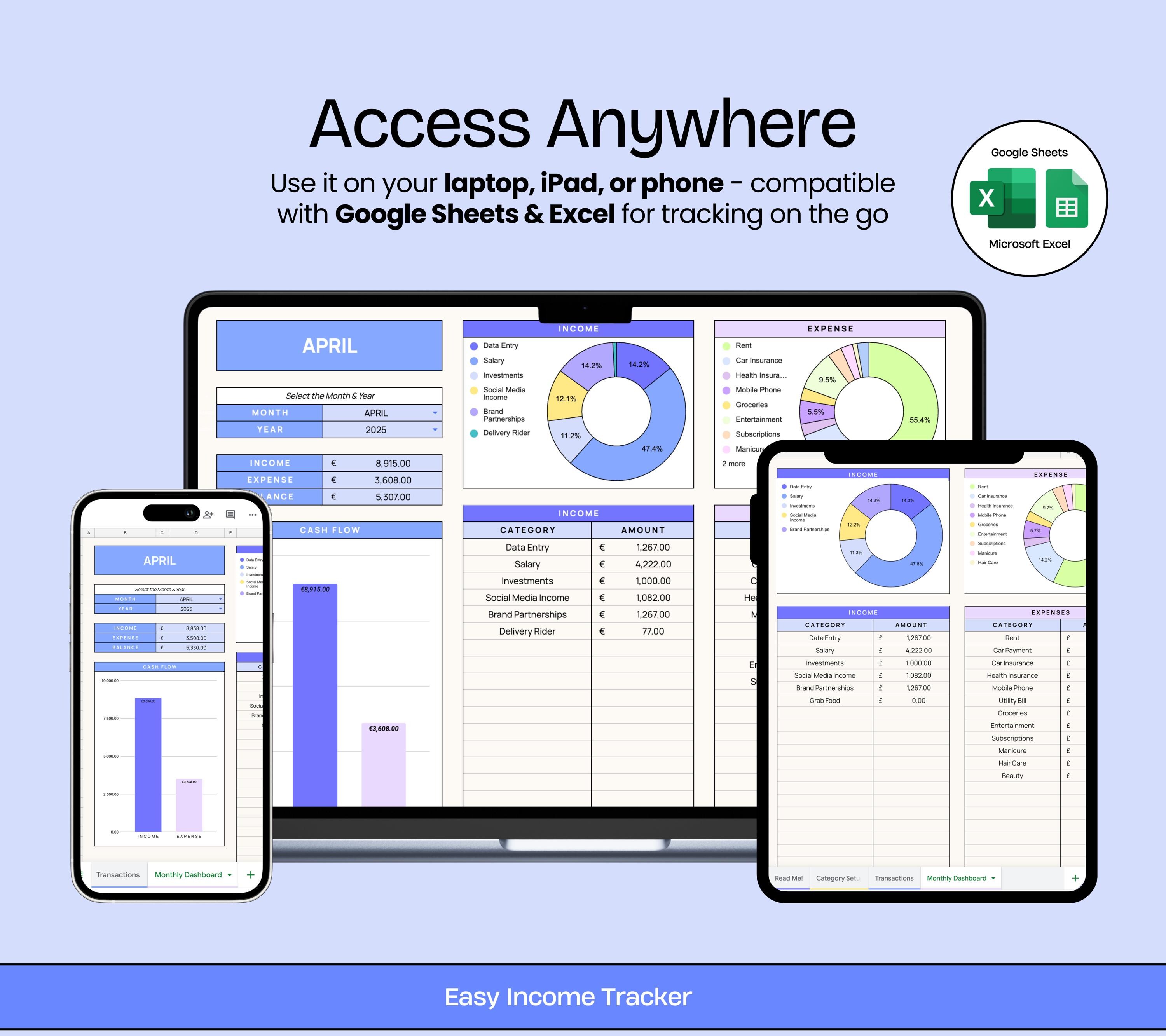 Easy Income Tracker Spreadsheet, Personal Finances, Google Sheets ...
