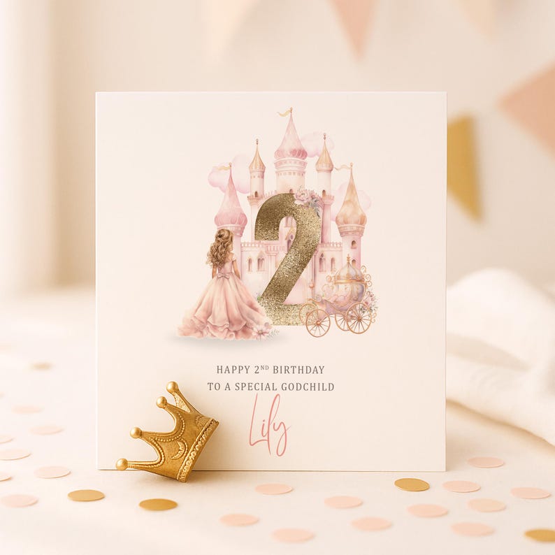 Personalised 2nd Birthday Card – Princess Castle Design, 6x6 With Kraft ...