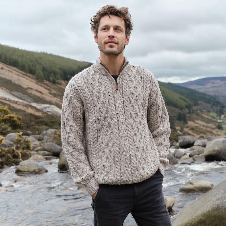 Men's Merino Wool Half-zip Aran Sweater: Traditional Irish Knit - Etsy