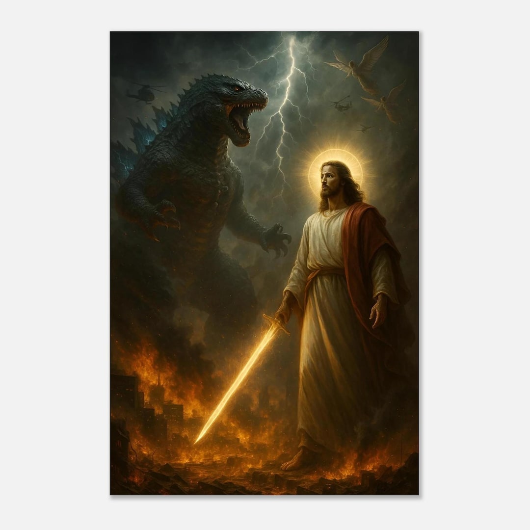 Jesus Fighting Godzilla Poster - Etsy