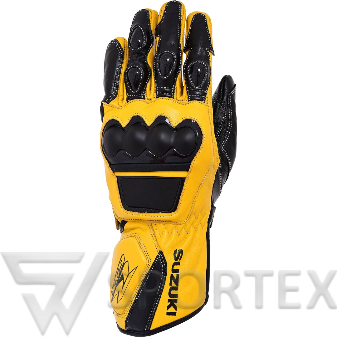 Sportex Suzuki Motorcycle Racing Gloves Yellow Black Leather Armor ...