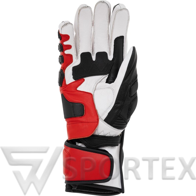 Sportex Red White Black Leather Motorcycle Racing Gloves With Carbon ...
