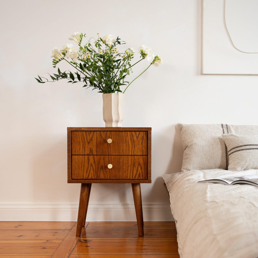 Mid-century Modern Bedside Table, Retro Nightstand With Golden Knobs - Etsy