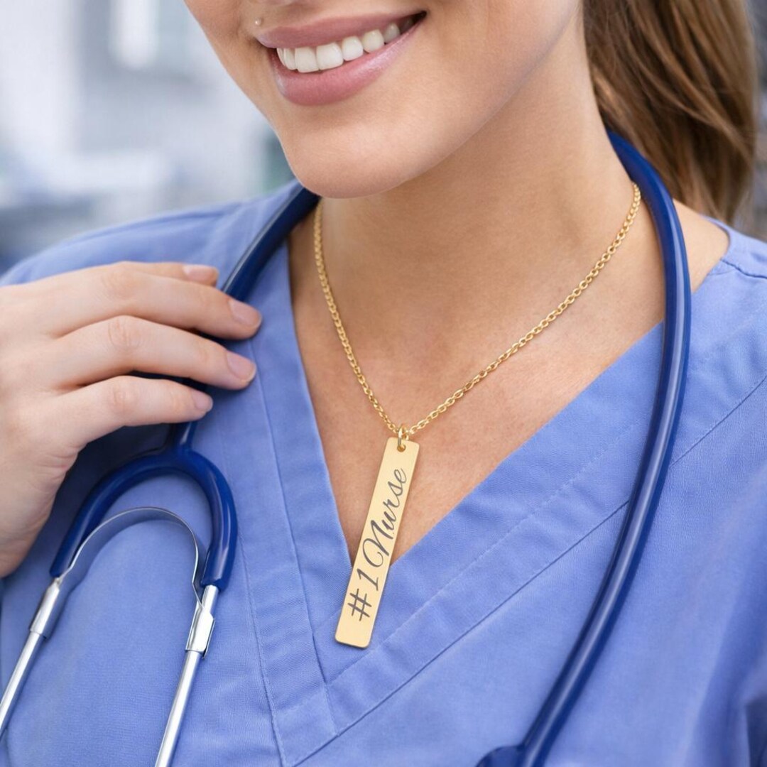 Number One Nurse Vertical Bar Necklace, Engraved Stainless Steel Gold ...