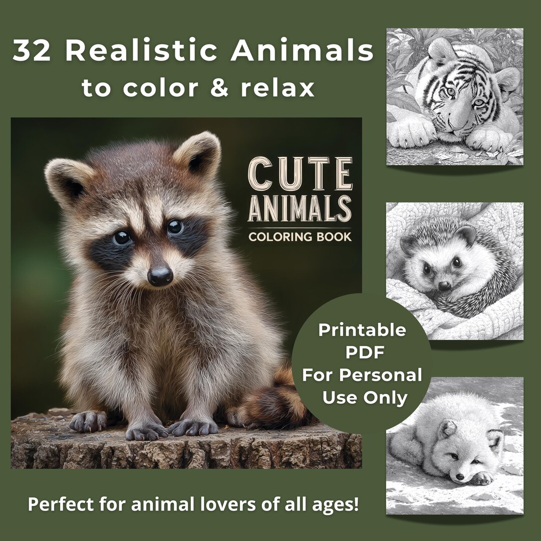 32 Cute & Realistic Animals Coloring Book – for Kids, Teens, Adults and ...