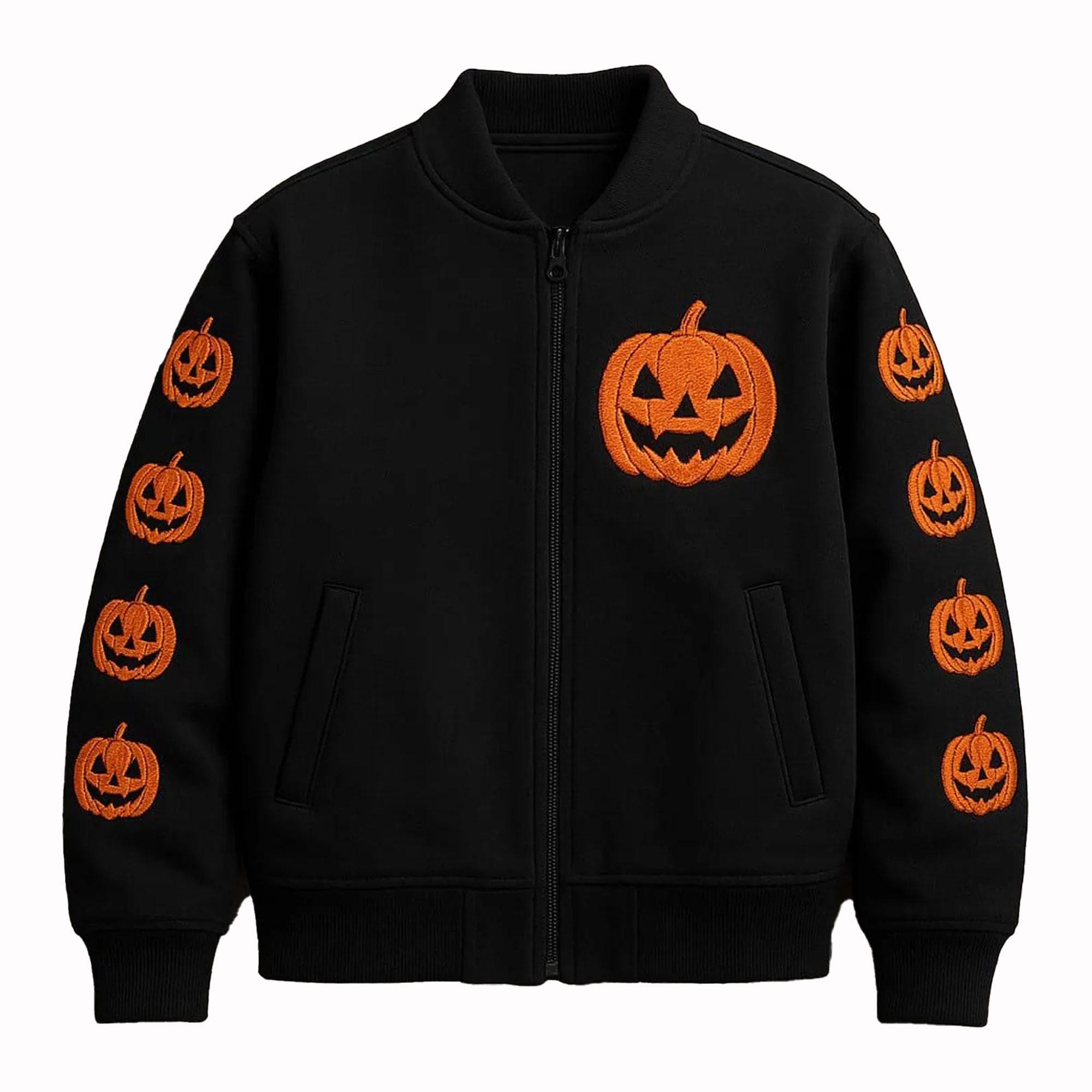 Embroidered Pumpkin Halloween Varsity Jacket: Black Wool Gothic ...