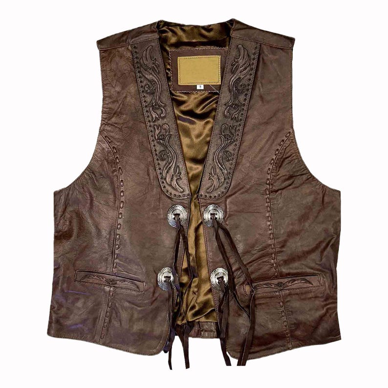 Men's Brown Leather Western Vest Tooled Cowboy Concho Waistcoat Vintage ...