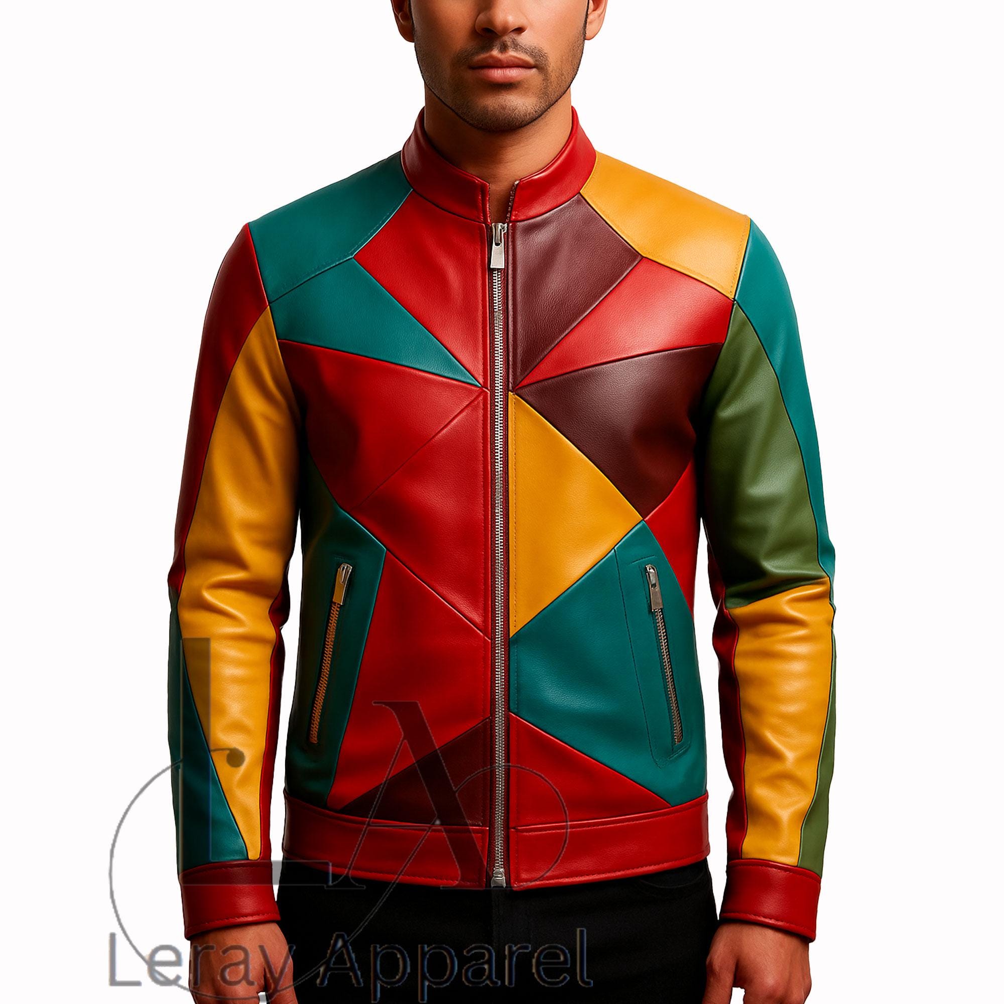 Handmade Patchwork Leather Biker Jacket: 90s Retro Color Block Coat - Etsy