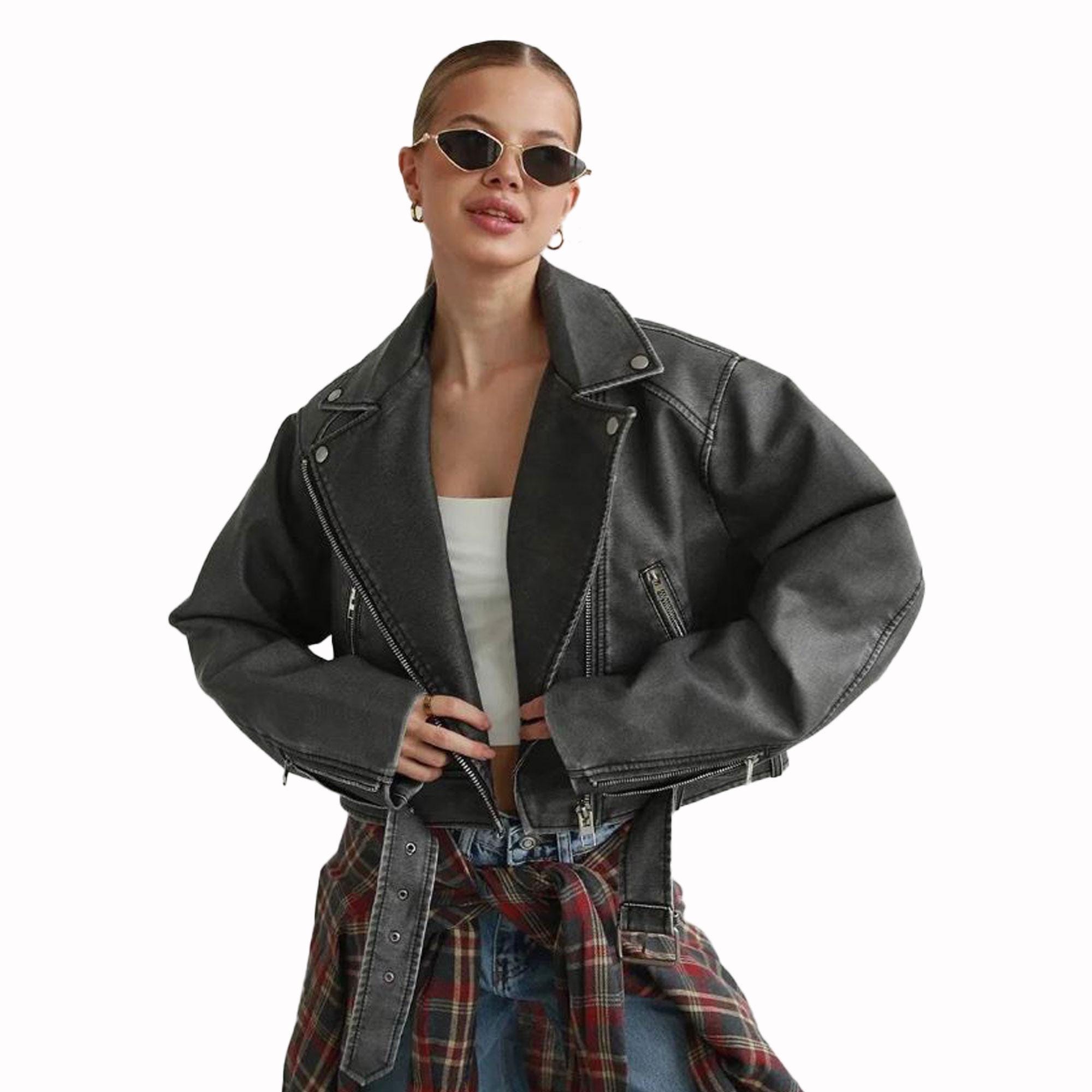 Oversized Grey Vintage Leather Jacket: Cropped Moto Biker Outerwear - Etsy