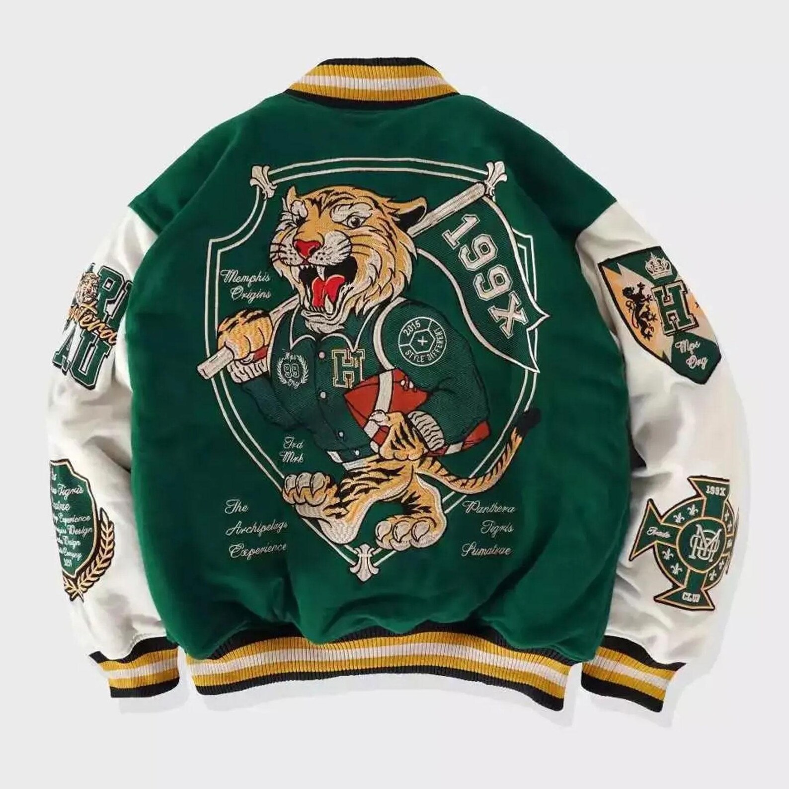 Green Tiger Varsity Jacket 90s Retro College Style Full Embroidered ...