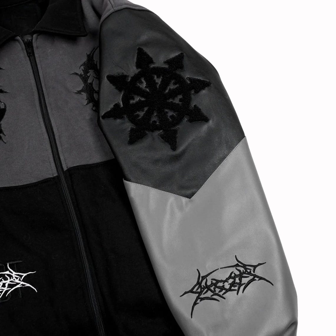 Gothic Varsity Jacket: Vegan Leather Sleeves, Embroidered Tribal Motifs ...