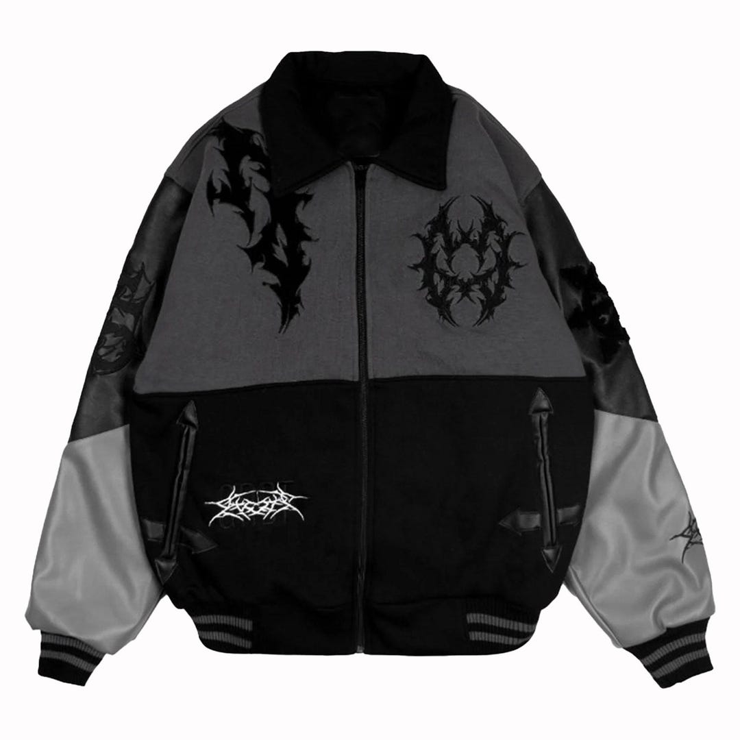 Gothic Varsity Jacket: Vegan Leather Sleeves, Embroidered Tribal Motifs ...