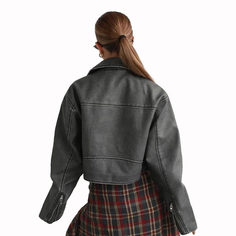 Oversized Grey Vintage Leather Jacket: Cropped Moto Biker Outerwear - Etsy