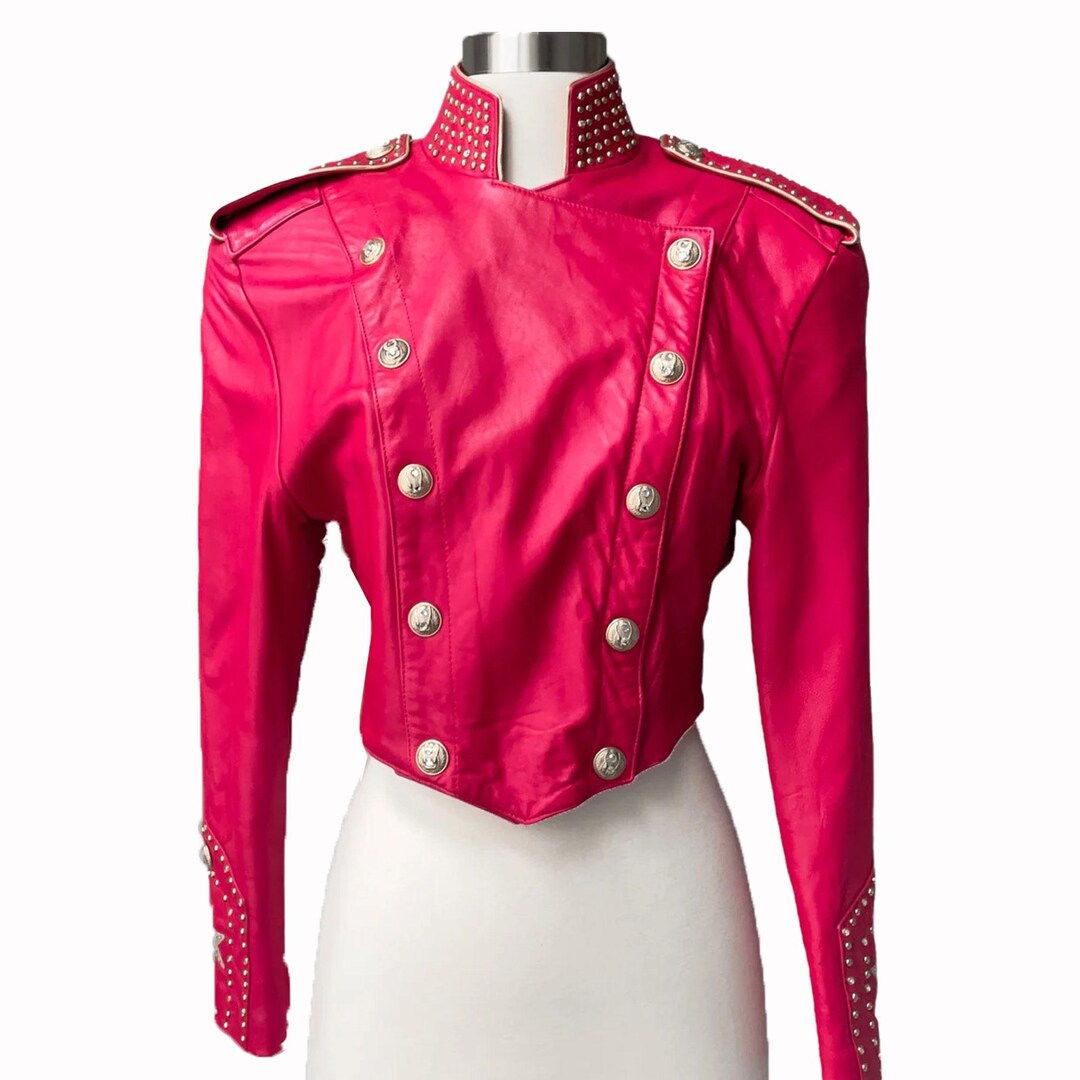 Red Cropped Leather Jacket: Rhinestone Studded Military Biker Coat - Etsy