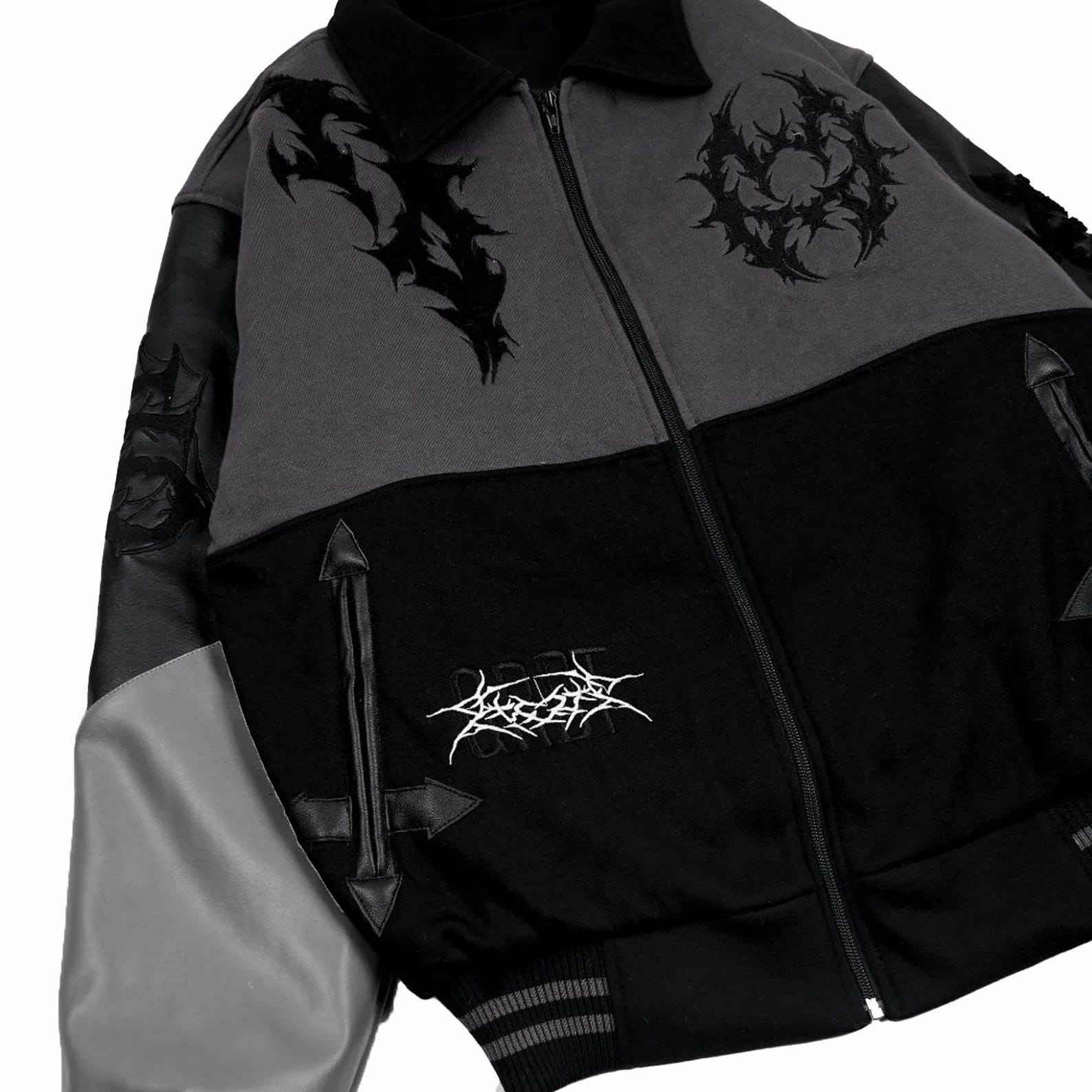 Gothic Varsity Jacket: Vegan Leather Sleeves, Embroidered Tribal Motifs ...