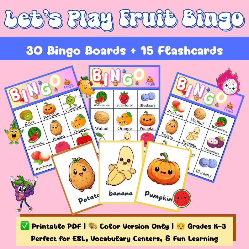 Fruit Bingo Game: Kindergarten Learning Activity - Etsy