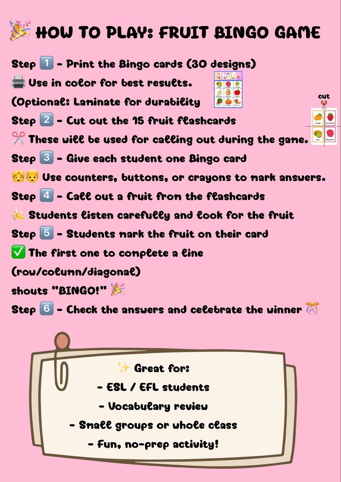 Fruit Bingo Game: Kindergarten Learning Activity - Etsy