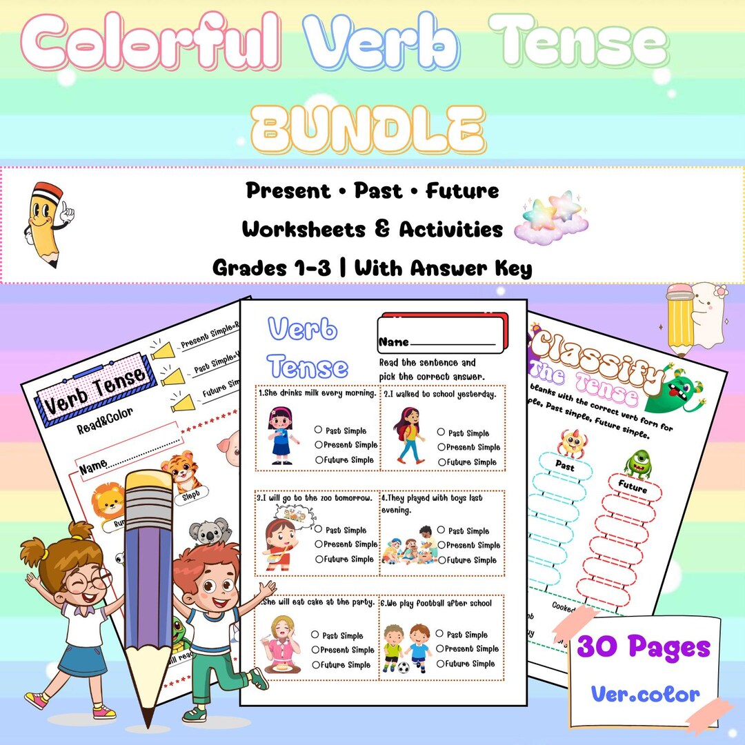 Colorful Verb Tense Worksheets | Present, Past & Future Tense Grammar ...