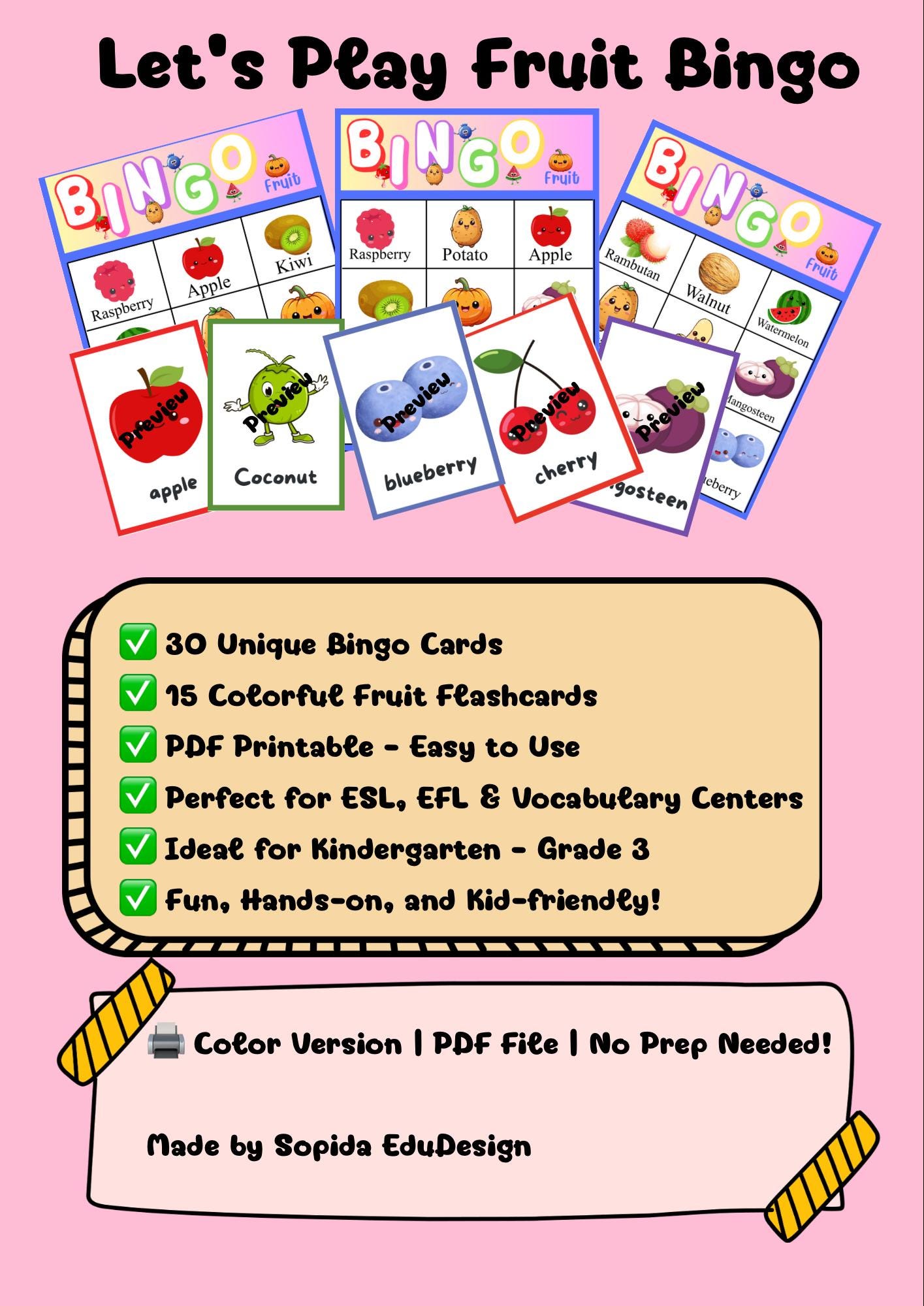 Fruit Bingo Game: Kindergarten Learning Activity - Etsy