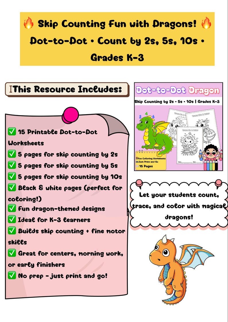 Skip Counting Dot-to-dot Dragons | Math & Coloring Worksheets | Count ...
